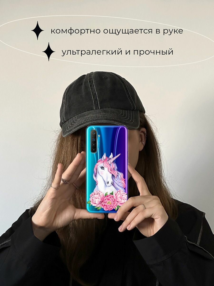 Чехол на Realme XT / Реалми XT с принтом "Единорог с пионами", прозрачный — фото 1