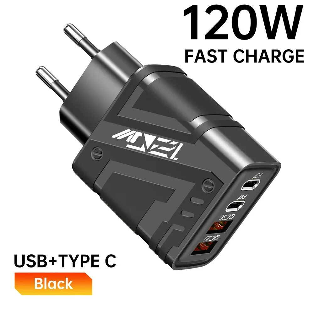 120 Вт USB-зарядное устройство типа C, адаптер питания для мобильного телефона с EU Plug Black