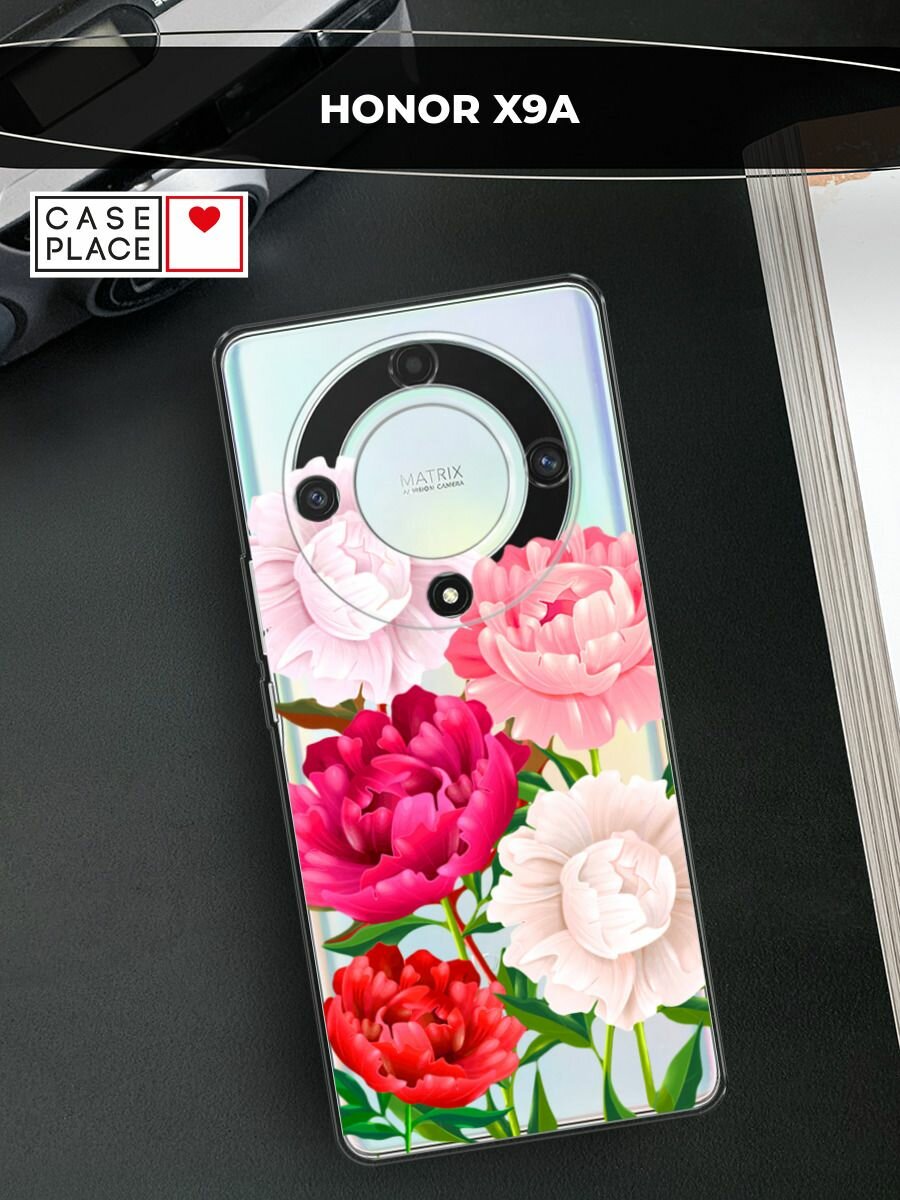 Чехол на Honor X9A / Хонор X9A с принтом "Большие пионы", прозрачный