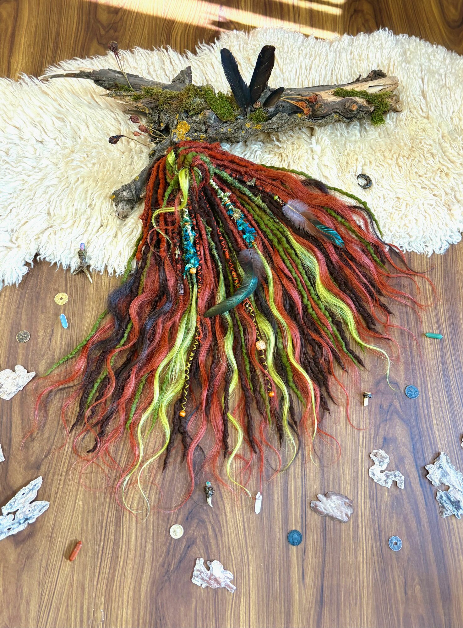 Де дреды из шерсти мериноса и биопротеиновых волос "Fiery forest", ручная работа