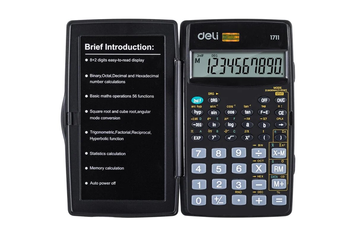 DELI e1711 научный калькулятор 8-разрядный, батарейное питание, 56 функций, черный 120x72мм