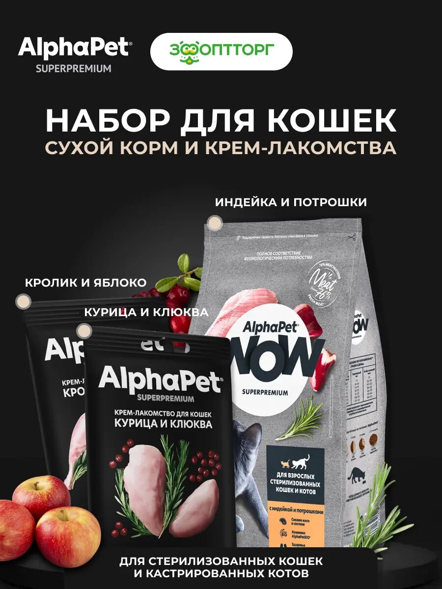 Комбо-набор AlphaPet WOW Superpremium сухой корм для взрослых стерилизованных кошек+крем-лакомство, Индейка и потрошки, кролик и яблоко, курица и клюк