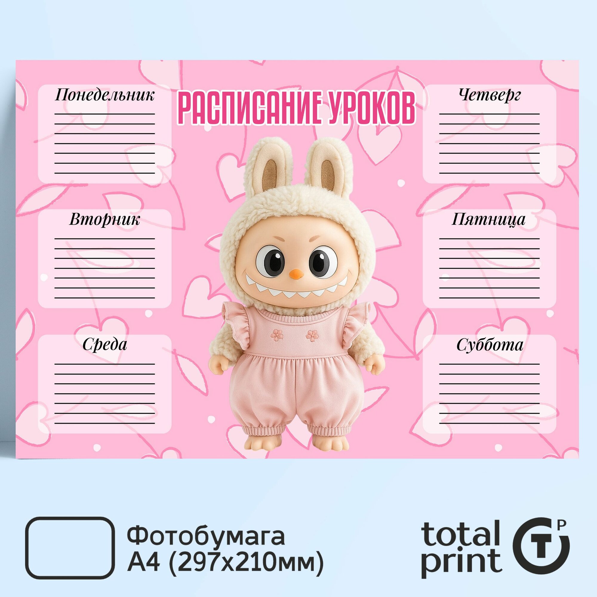 Школьное расписание уроков лабубу, А4, TotalPrint
