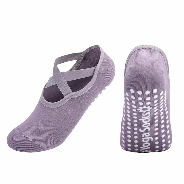 Носки противоскользящие для йоги фитнеса и пилатеса. Фиолетовые с лямками