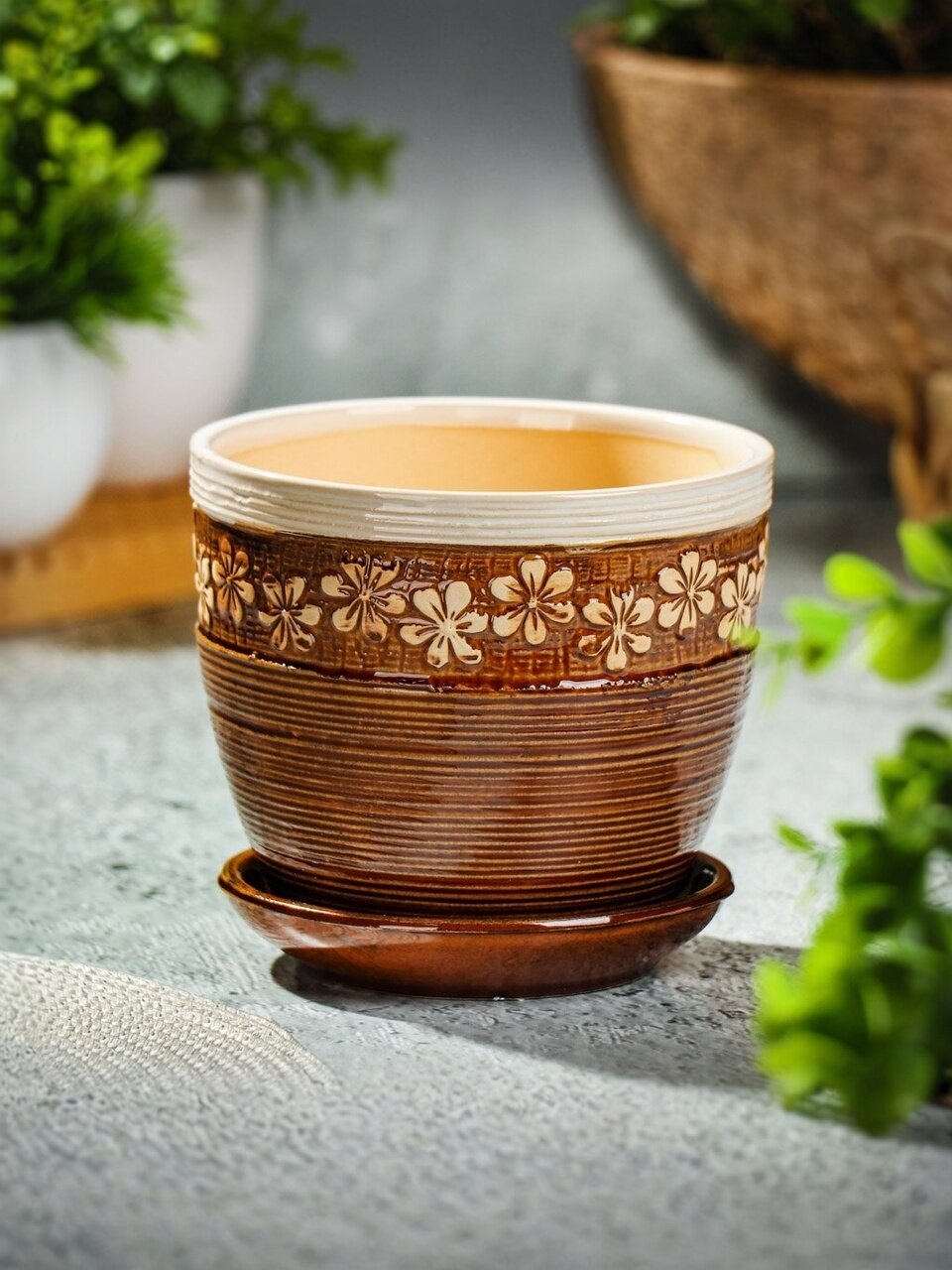 Кашпо керамика, 0.471 л, 10х9 см, коричневое, Цветы, Y4-8774