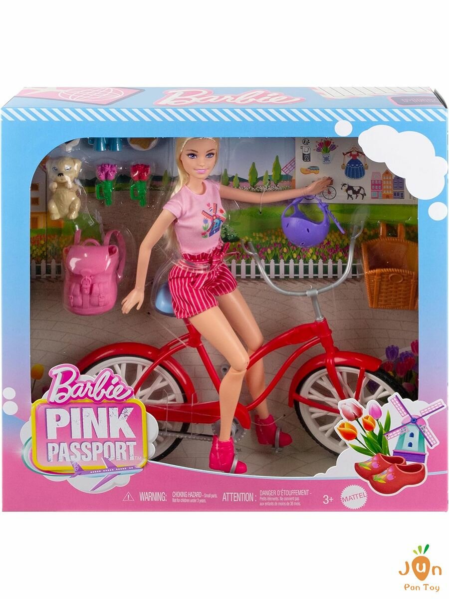 Mattel Barbie Pink Passport Holland HWJ00 / игрушки для девочек, шарнирная кукла барби, с велосипедом и аксессуарами, подходит для детей от 4 лет и старше