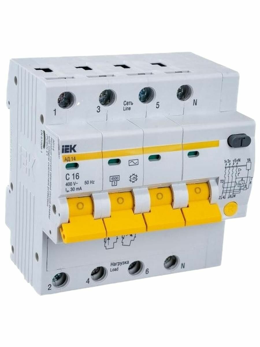 Выключатель автоматический дифференциальный АД-14 4п 16А 30мА С MAD10-4-016-C-030 IEK