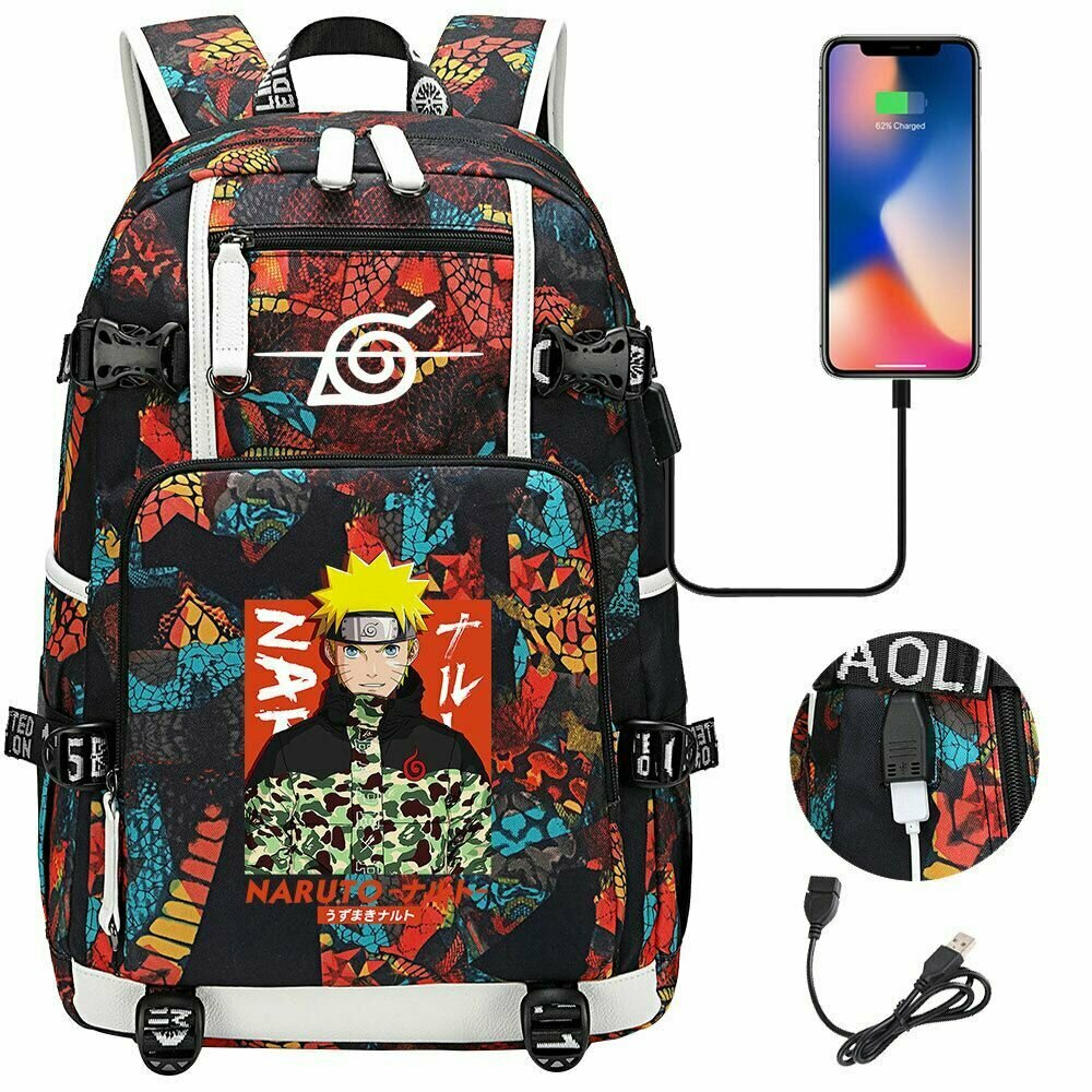 Рюкзак школьный Аниме Uzumaki Naruto USB-зарядка сумка для путешествий и ноутбук