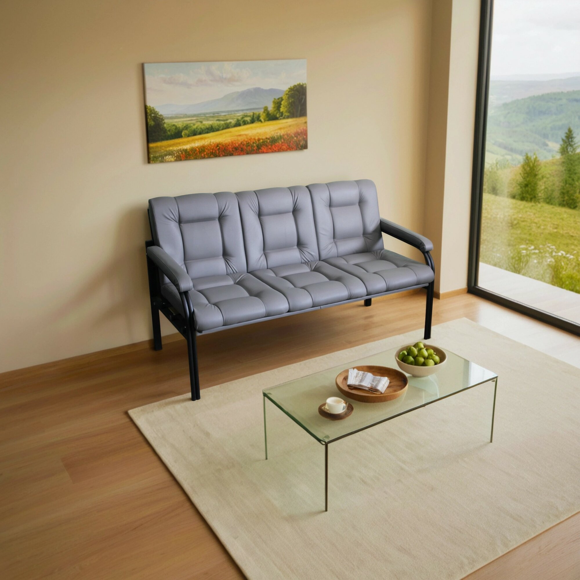 Диван офисный,"Сириус Сенатор", 3х местный, экокожа серая, стальной разборный каркас. На кухню, на дачу, в прихожую.