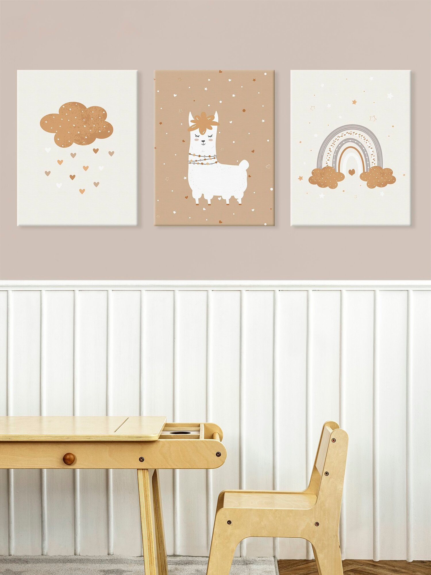 Модульная картина, Лама, радуга, туча, 120х60 см, 3 модуля, для детской, DeFine