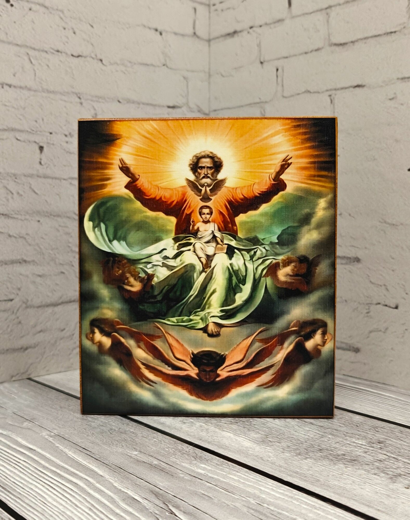 Икона Бог Отец, Бог Сын и исхождение Св. Духа (Троица на херувимах), под старину, 15х18 см.