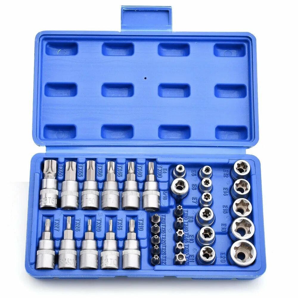 Набор торцевых головок в виде звездочек 34 шт, звездочек, и бит Torx 3/8" 1/4" 34 件星星形套筒扳手套装，含 34 件星星形扳手和 Torx 3/8" 1/4" 扳手