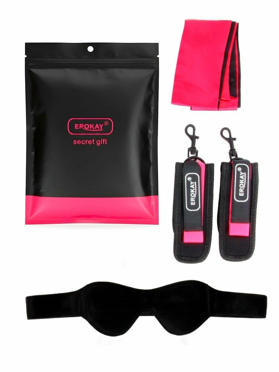 Черно-розовый эротический набор: маска, наручники и повязка, Erokay, черный с розовым, текстиль