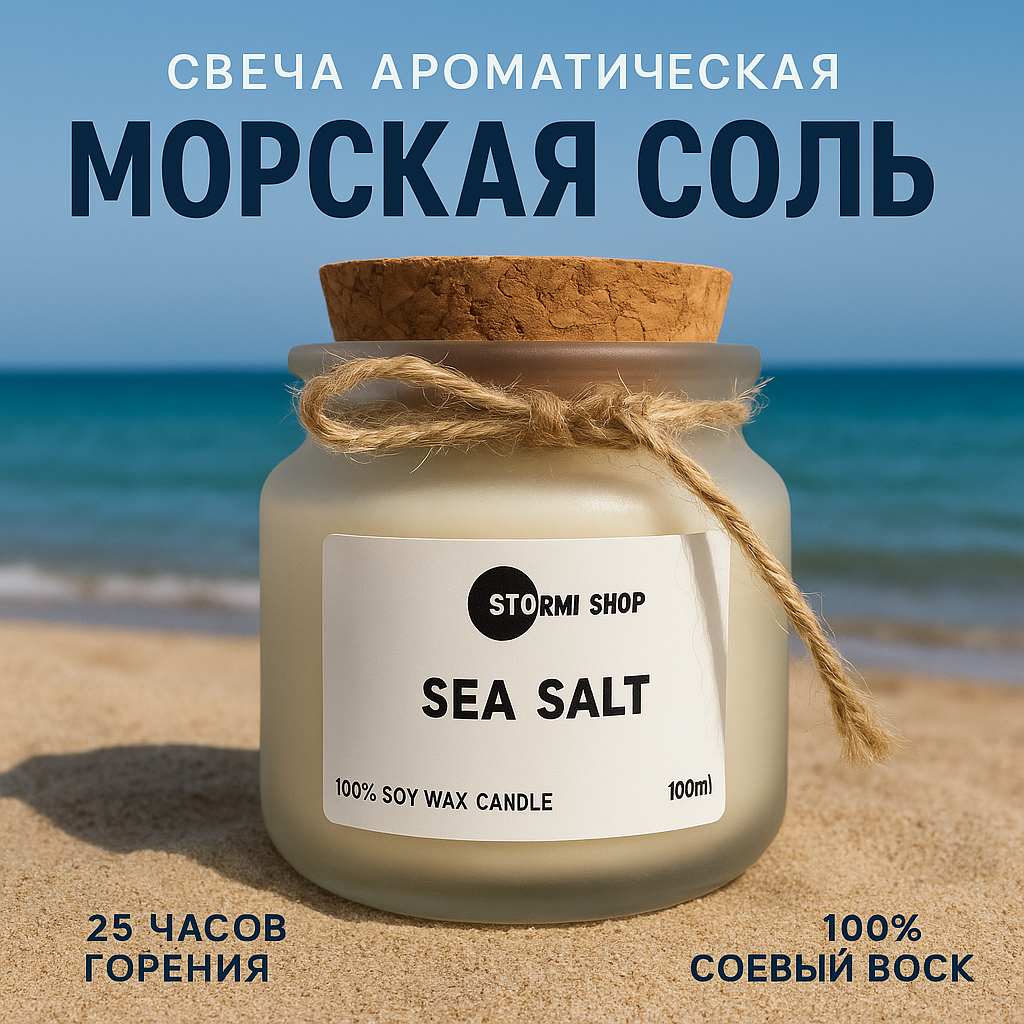 Свеча ароматическая «Морская соль», деревянный фитиль, соевый воск