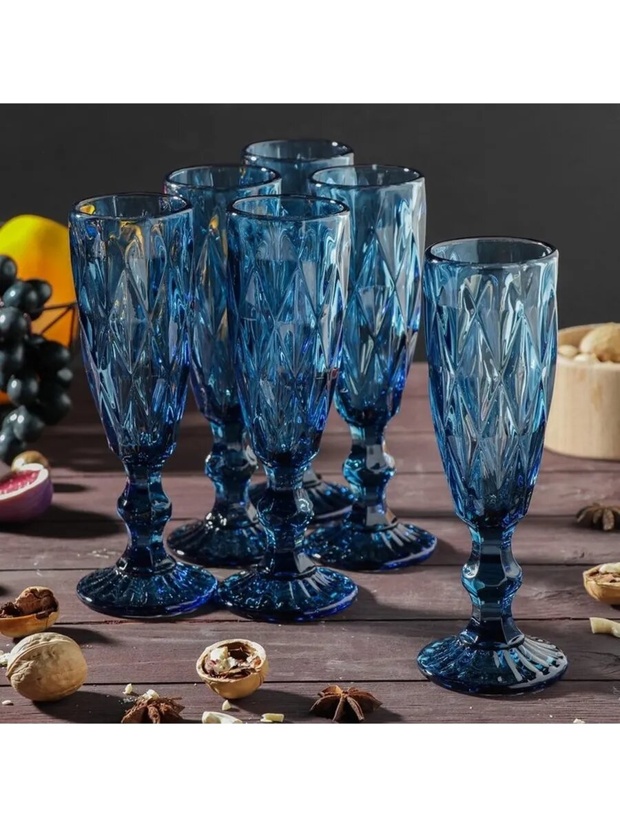 Стильные синие бокалы для шампанского, 6 шт.