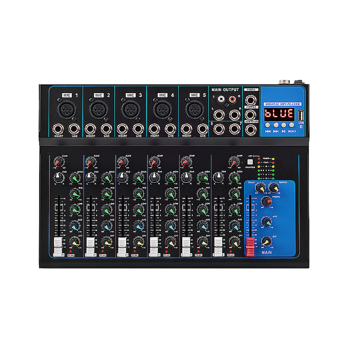 7-Channel Bluetooth Portable Audio Mixer F7 USB 48V Power Black 34x24x5cm для Компьютерной Записи, DJ Sound Mixing Console MP3 Jack Bands Mixing Boards Studio Recording
