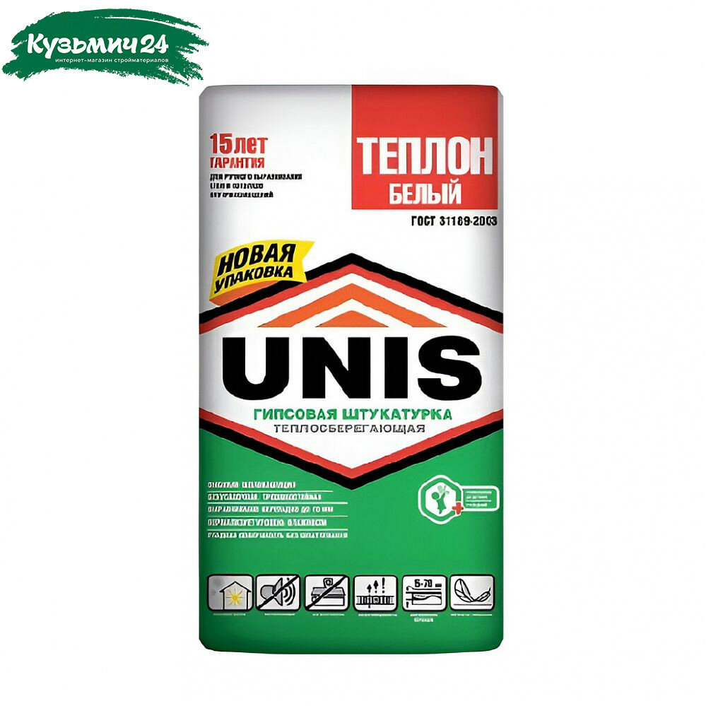 Штукатурка гипсовая Unis Теплон белая, теплосберегающая, выравнивающая, 30 кг, 1 шт.