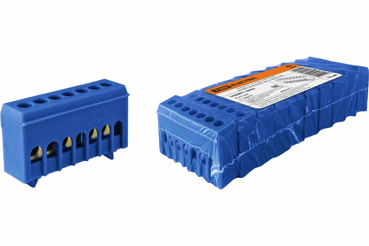 Набор Шина "N" нулевая в синем изоляторе на DIN-рейку 6x9мм 7 групп TDM {SQ0801-0092} (2 шт)
