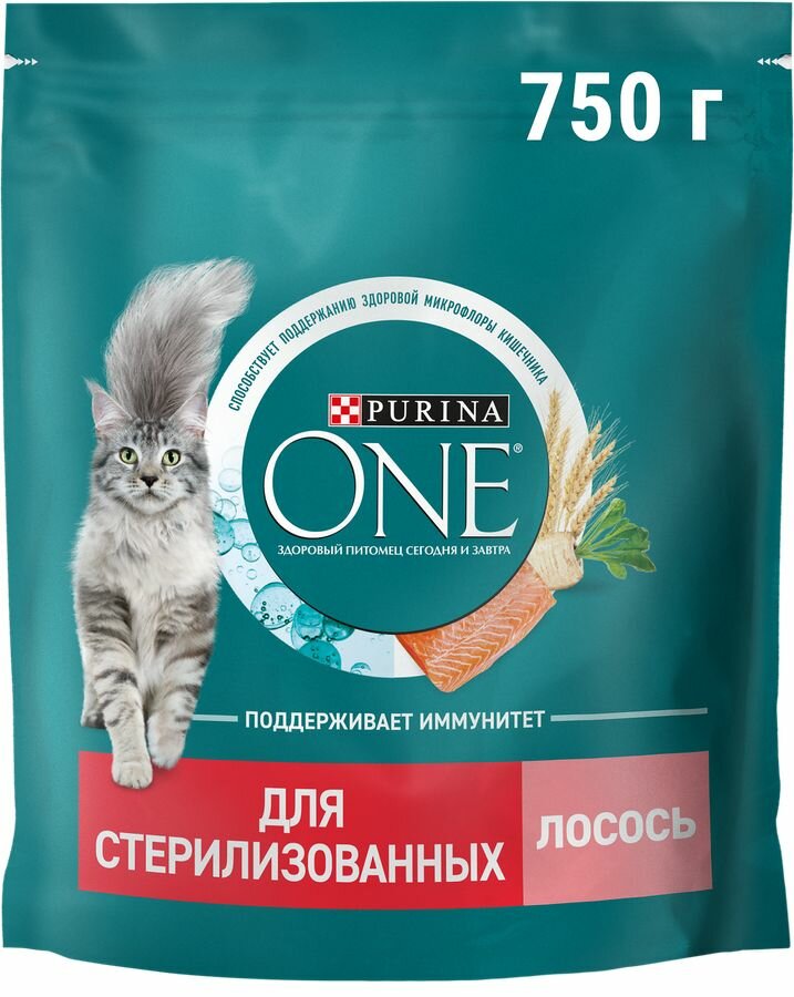 Корм сухой для взрослых кошек PURINA ONE с высоким содержанием лосося и пшеницей, для стерилизованных и кастрированных, 750г