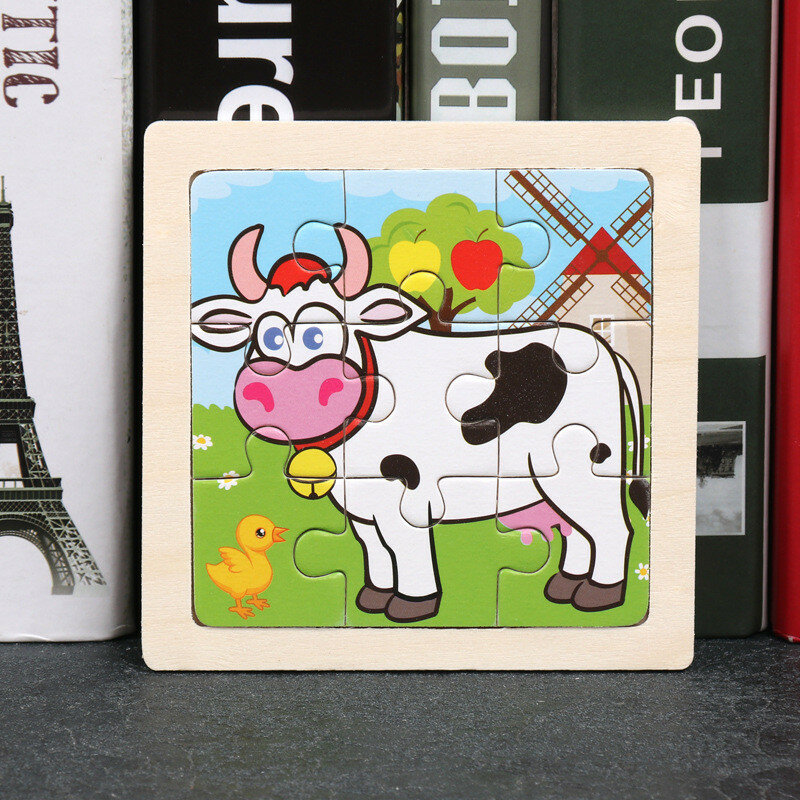 Early learning wooden puzzle toys for kids age 12 with brightly colored animal and vehicle designs