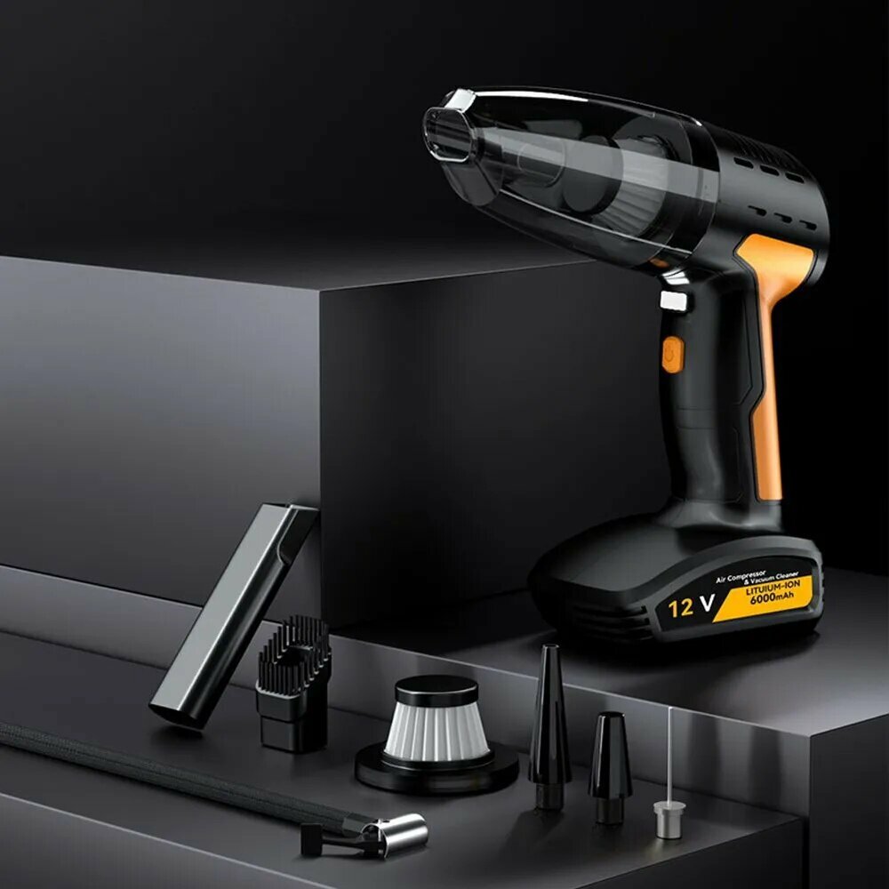 Компрессор для автомобиля с функцией пылесоса, LED-подсветка, 9000 Па