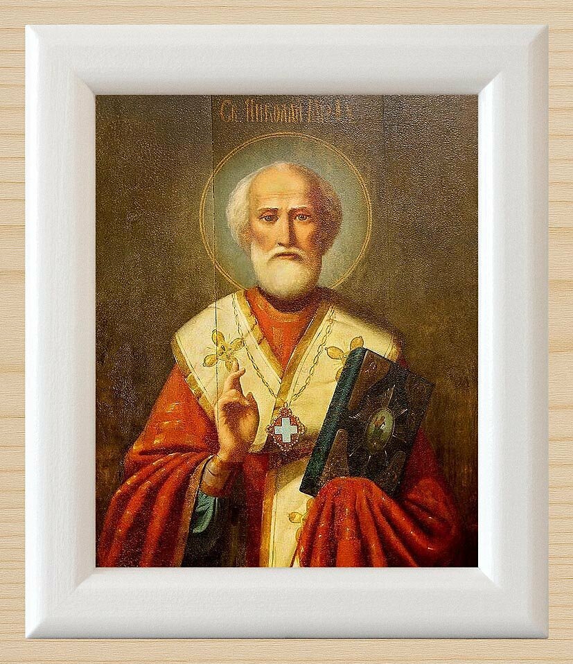 Святитель Николай Чудотворец, архиепископ Мирликийский (лик № 154), икона в белой деревянной рамке 12,5*14,5 см