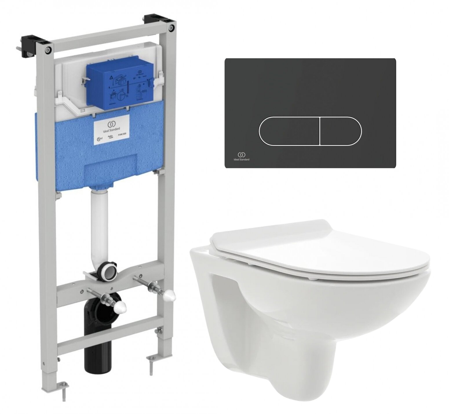 Комплект 3 в 1 инсталляция Ideal Standard + Унитаз подвесной AQUAme AQM2008 + кнопка черная