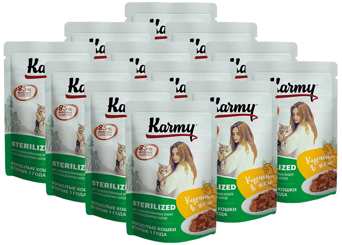 Корм влажный Karmy Sterilized для взрослых кастрированных котов и стерилизованных кошек, курица в желе, 80 г х 12 шт