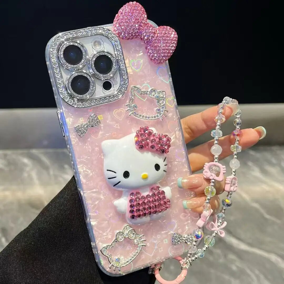 MINISO 3D блестящий чехол для телефона iPhone 17/16/15/14/13/12/11 Pro Max, милый жесткий чехол с мультяшными персонажами Sanrio и Hello Kitty, Материал: Для iPhone 15 Pro Max