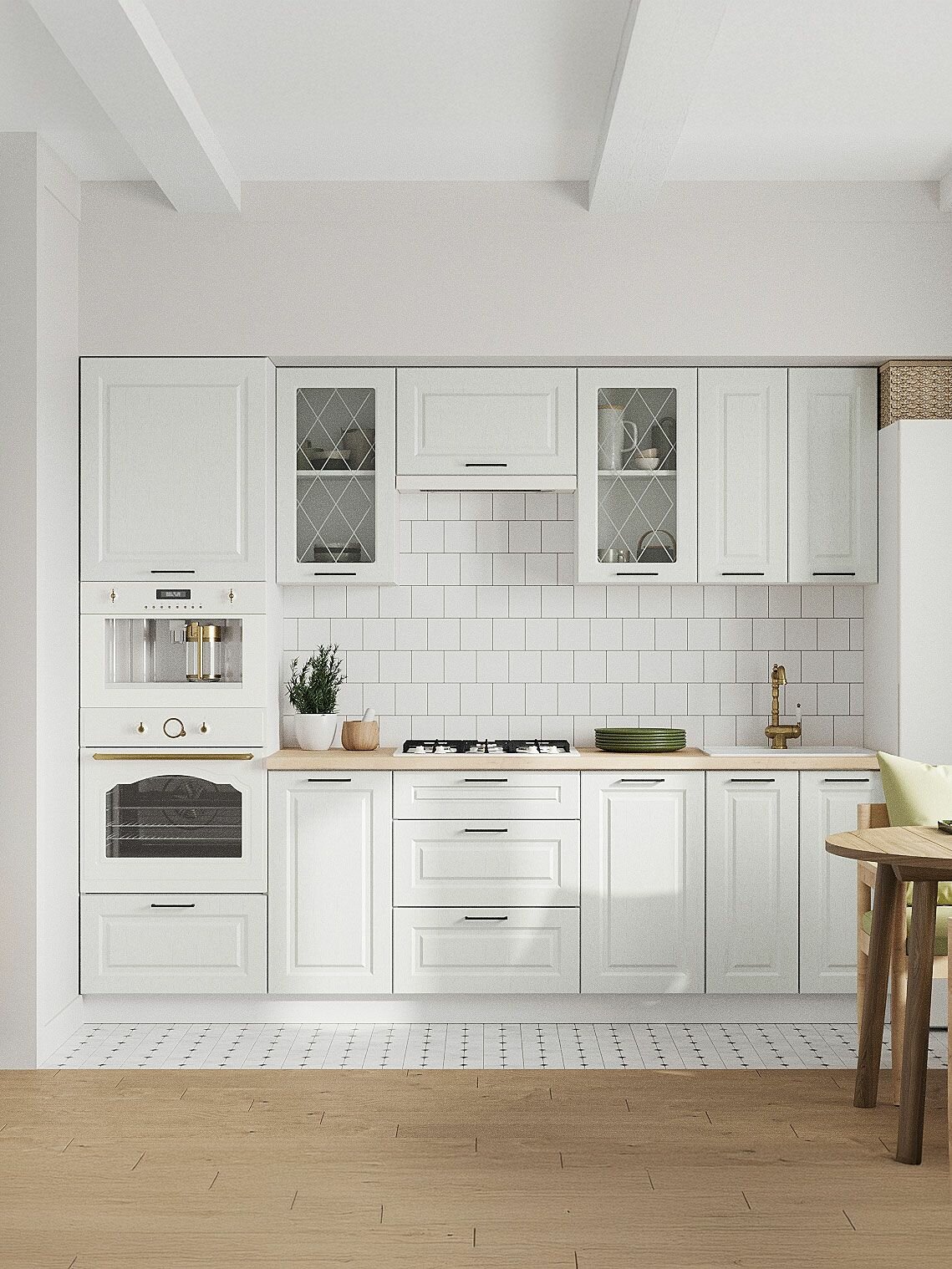 Кухонный гарнитур Шервуд 2.6 м, мебель для дома и кухни, Белый / Арктик со стеклом