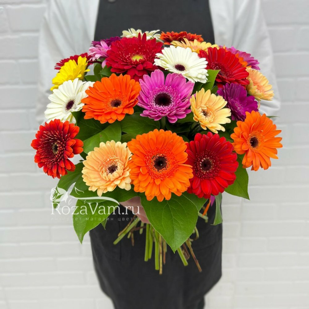 Герберы разноцветные 23 шт в букете с зеленью 40 см Q174 RozaVam