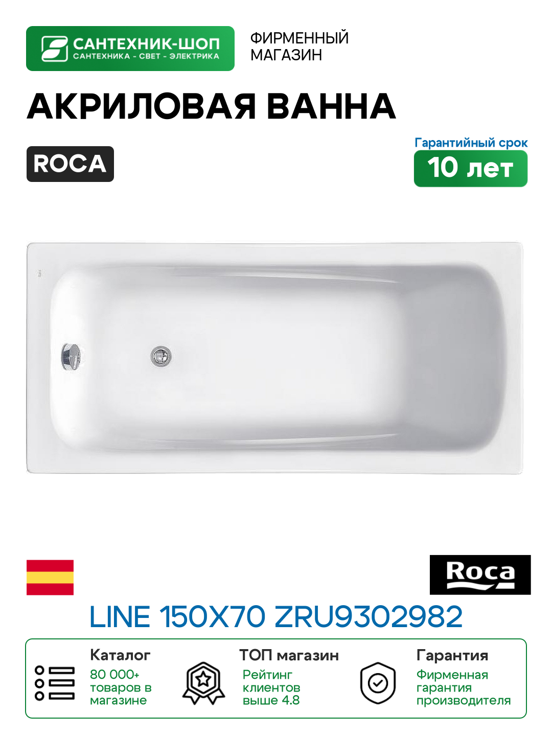 Акриловая ванна Roca Line 150x70 ZRU9302982 без гидромассажа