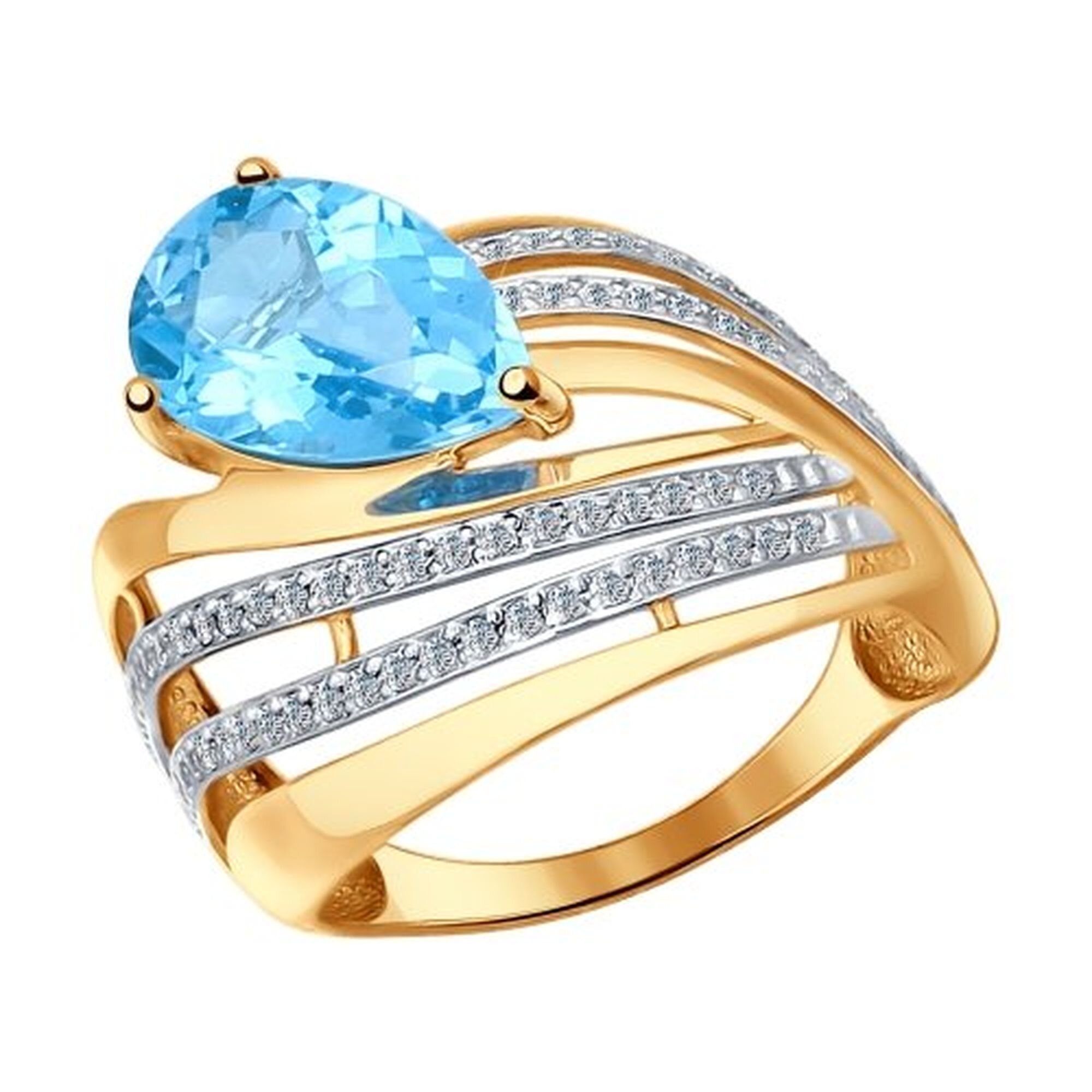 Кольцо, красное золото, 585 проба, топаз, фианит