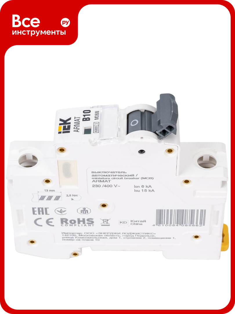 Автоматический выключатель IEK M06N 1P B 10А AR-M06N-1-B010 модульный тип установка на DIN-рейку корпус белого цвета