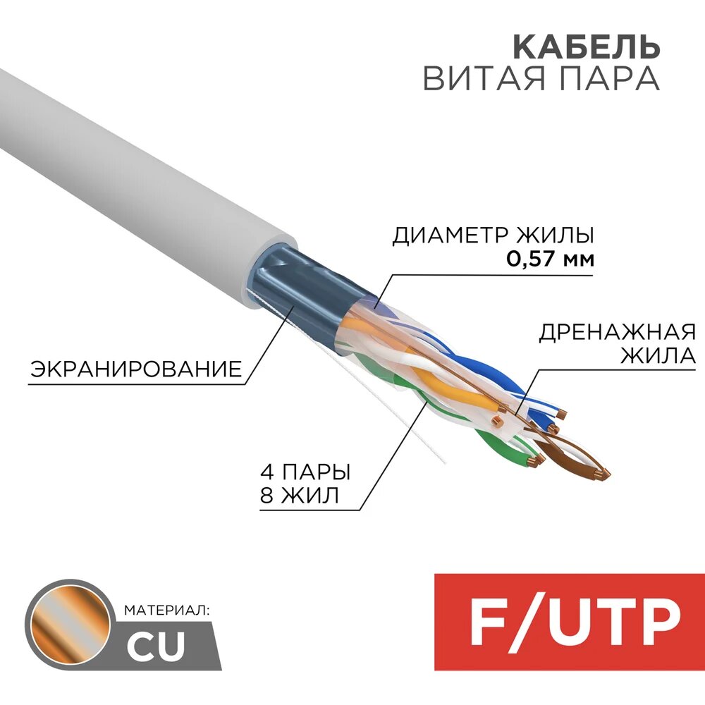 Кабель витая пара FTP REXANT CAT 6, ZH нг(А)-HF, 4PR, 23AWG серый, 305м 01-0167, 305 м, для одиночной или групповой — фото 1