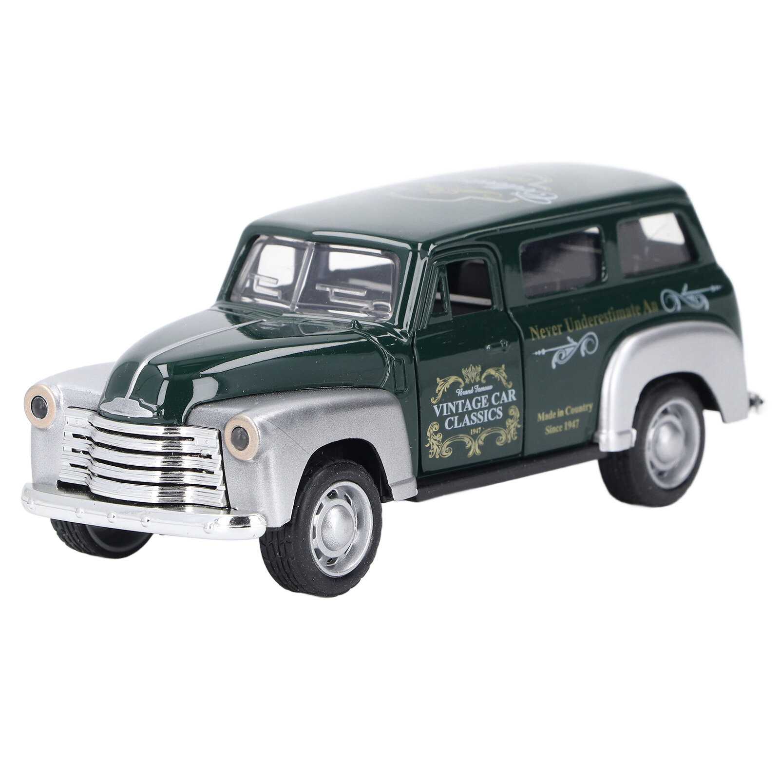 1:32 Scale Kids Pull Back Vehicle Toy Openable Door Alloy Vintage Car Model with Sound Light Effect Dark green