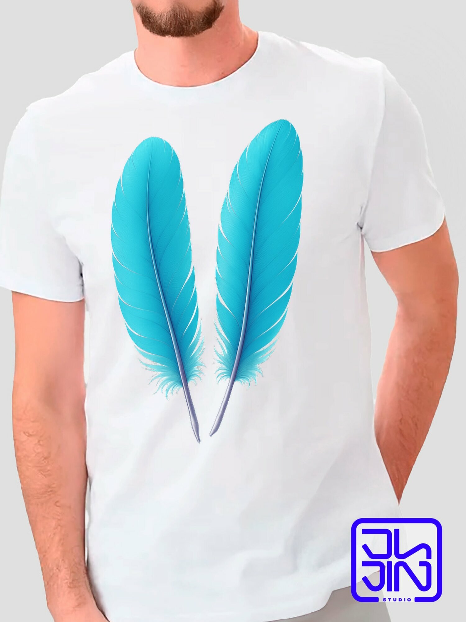 Футболка классическая мужская с авторским принтом Минималистичные бирюзовые и лазурные перья, привлекательные и универсальные, белый хлопковый трикотаж с прикольным рисунком на груди