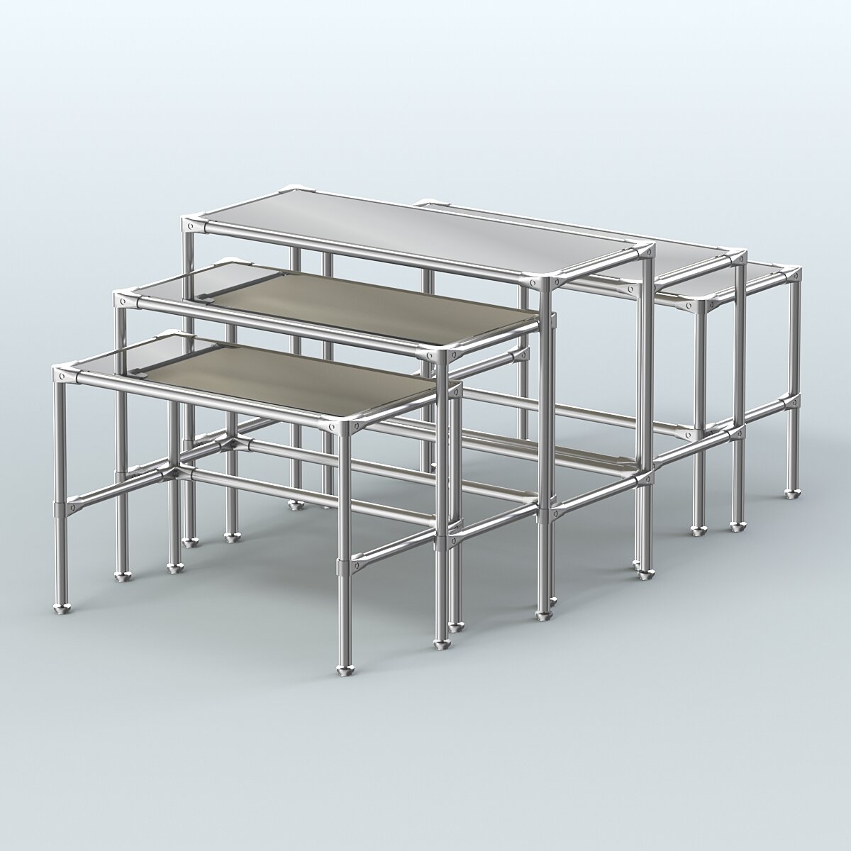 Комплект столов №2-5 с полками зеркало 4мм, Крем Вайс. Производство товара - компания ТОБ.