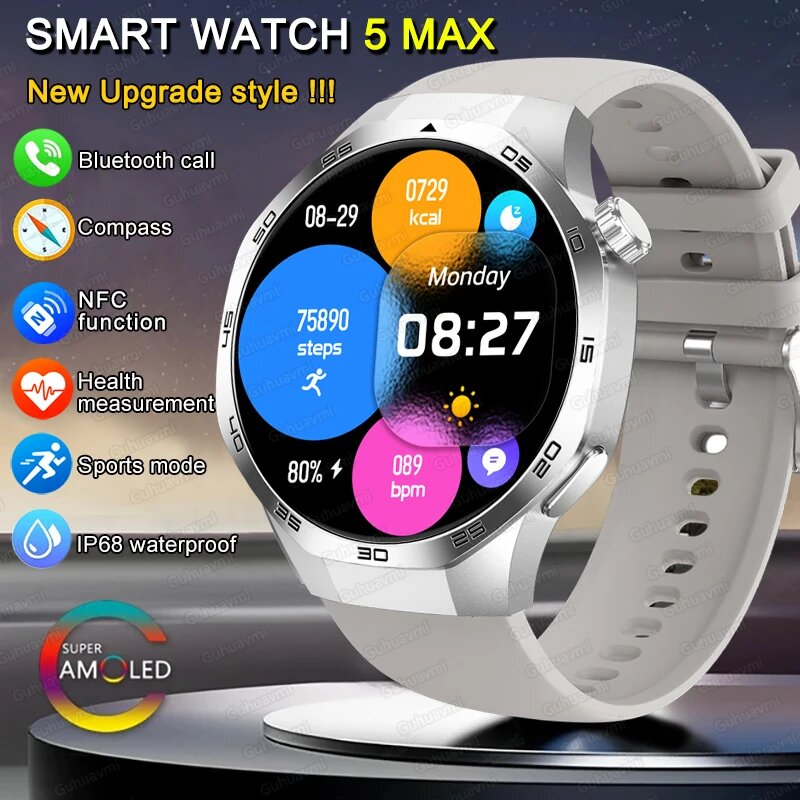 2025 NFC Smartwatch new Watch 5 AMOLED Screen Bluetooth Call Health GPS Sport Tracker Business Smart Watch For men outdoors