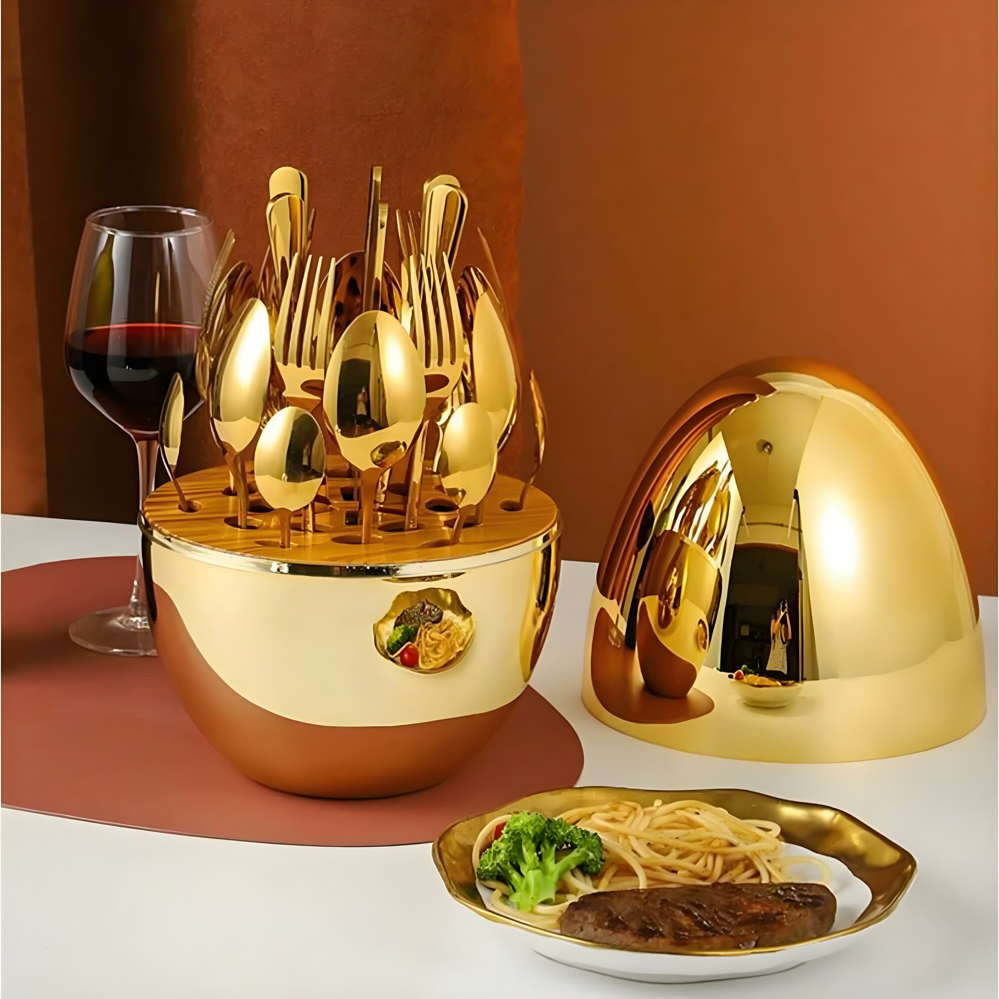 Набор столовых приборов в форме яйца 24 предмета на 6 персон золотой