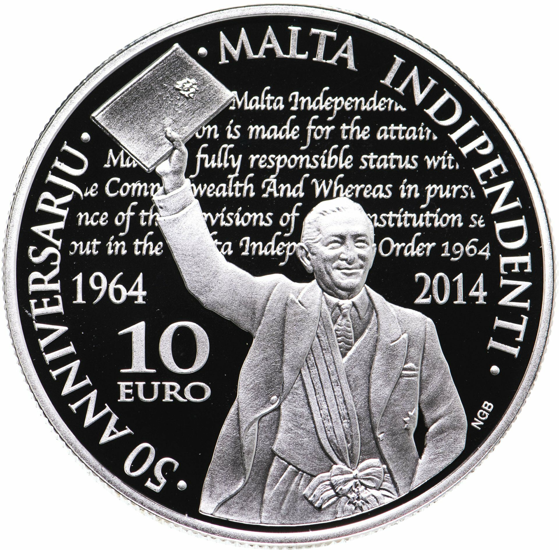 Мальта 10 евро 2014 "50 лет независимости Мальты" в футляре с сертификатом, Серебро 925, в сохранности Proof