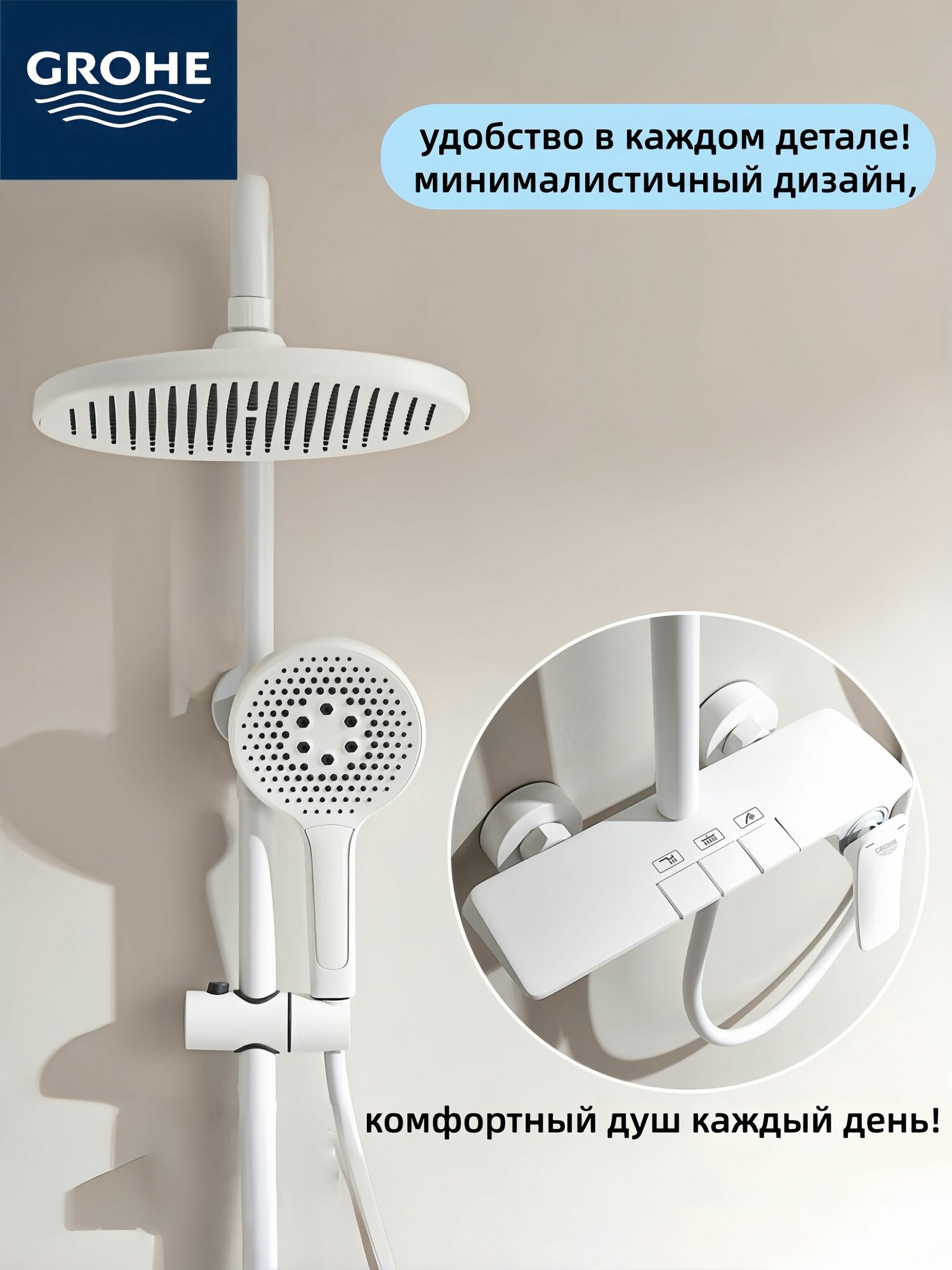 Душевой комплект Grohe в лаконичном премиальном стиле С клавишами-пианино и усиленным напором