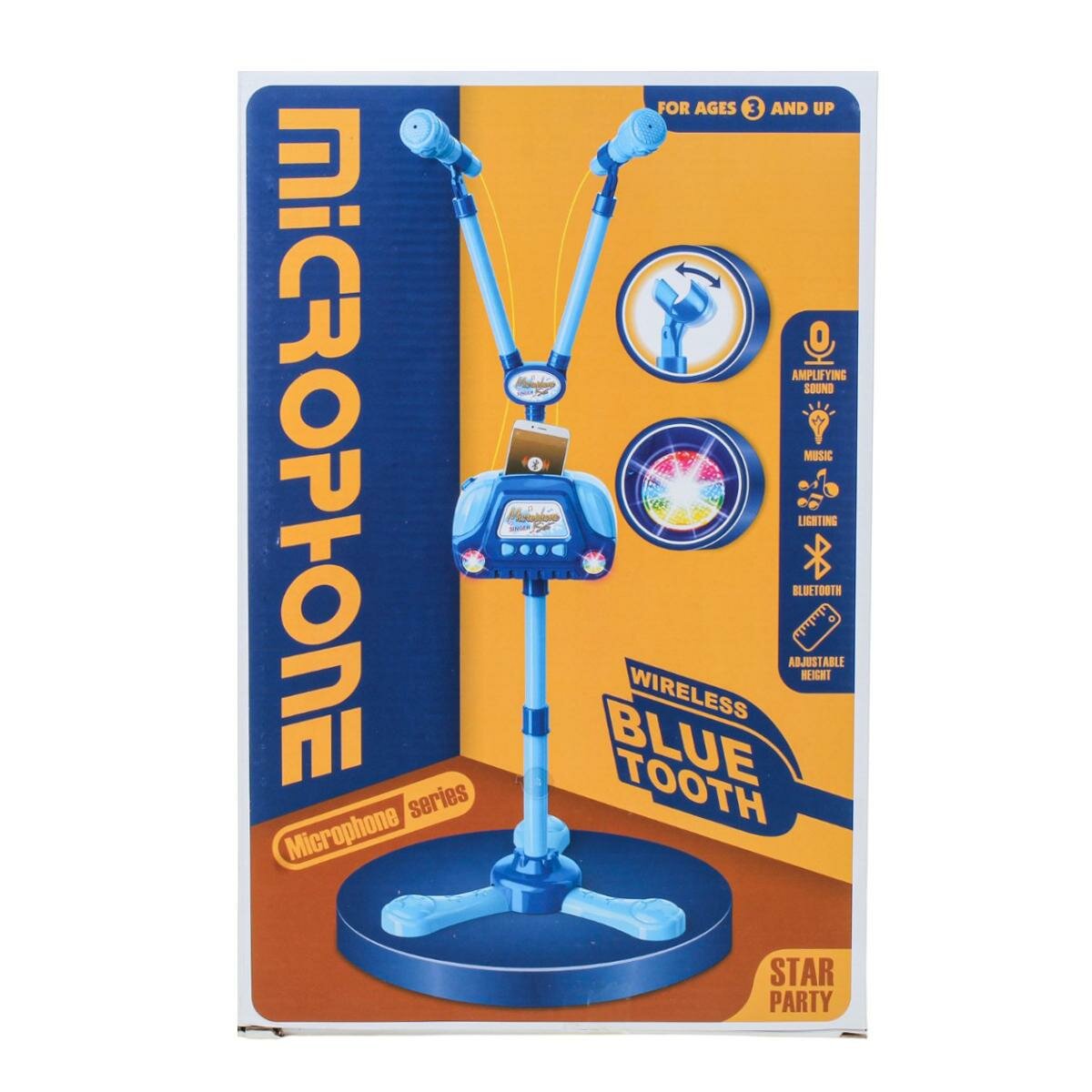 Детский микрофон на стойке "star party" с bluetooth, 2 микрофона, регулировка высоты, световые эффекты