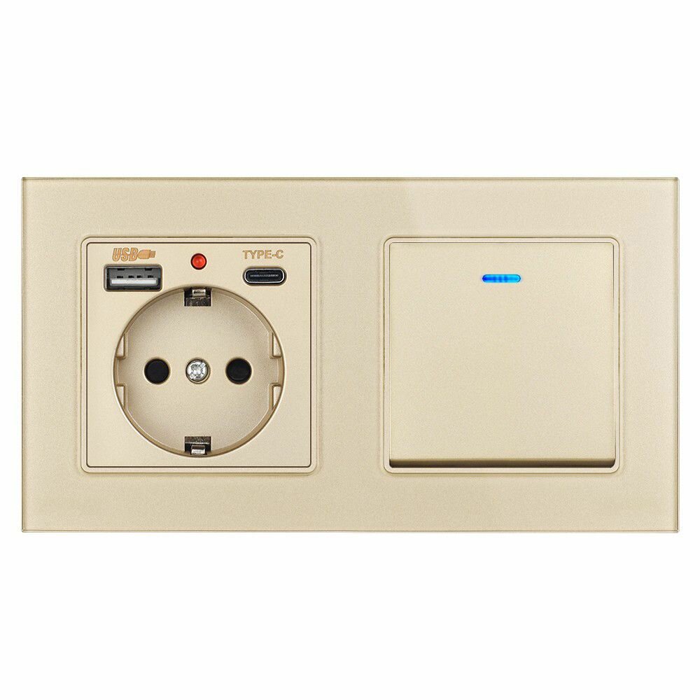 Выключатель с подсветкой с розеткой и usb,2 пост(1F+1G)рамка стекло 153х82мм золотой