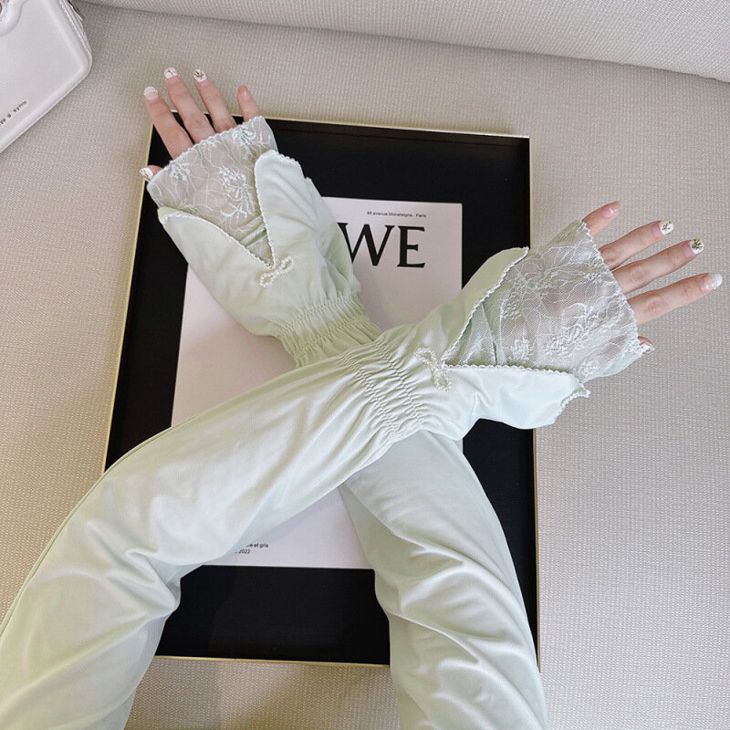 Брендовые нейлоновые ледяные рукава для женщин, длинные рукава с жемчужным кружевом для активного отдыха, французский стиль для лета.