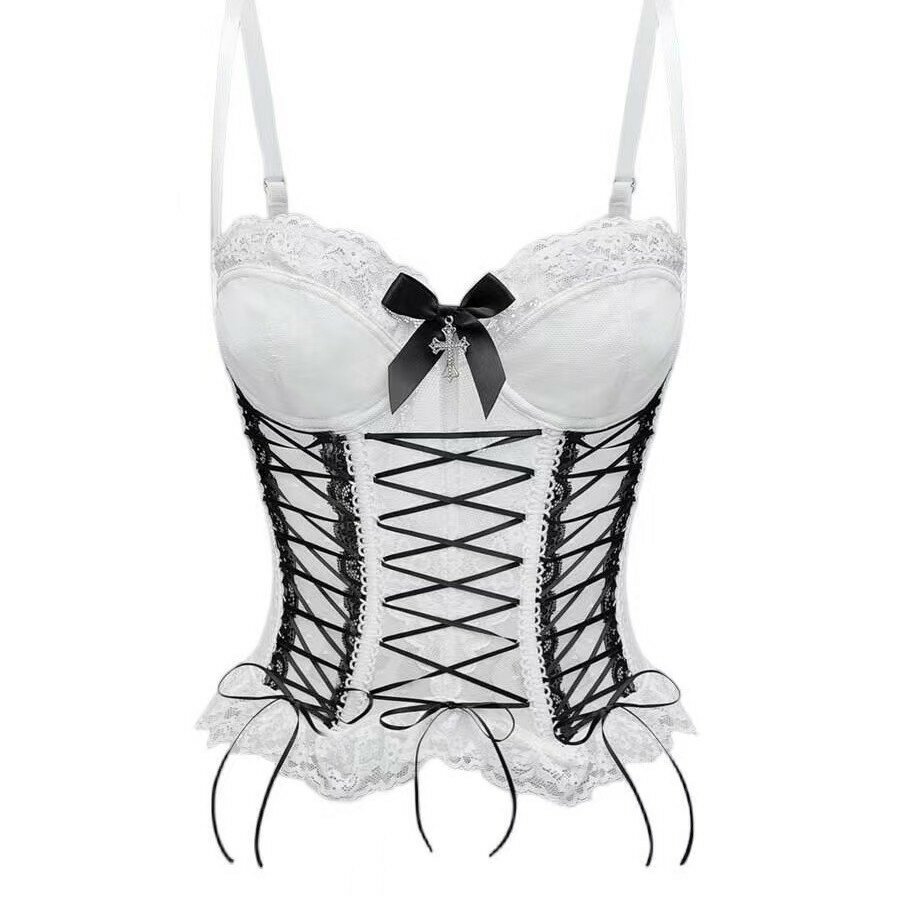 Топ с перекрестным кружевом - Популярный корректирующий жилет с бабочкой и перекрестным кружевом в виде рыбьей кости - Белый