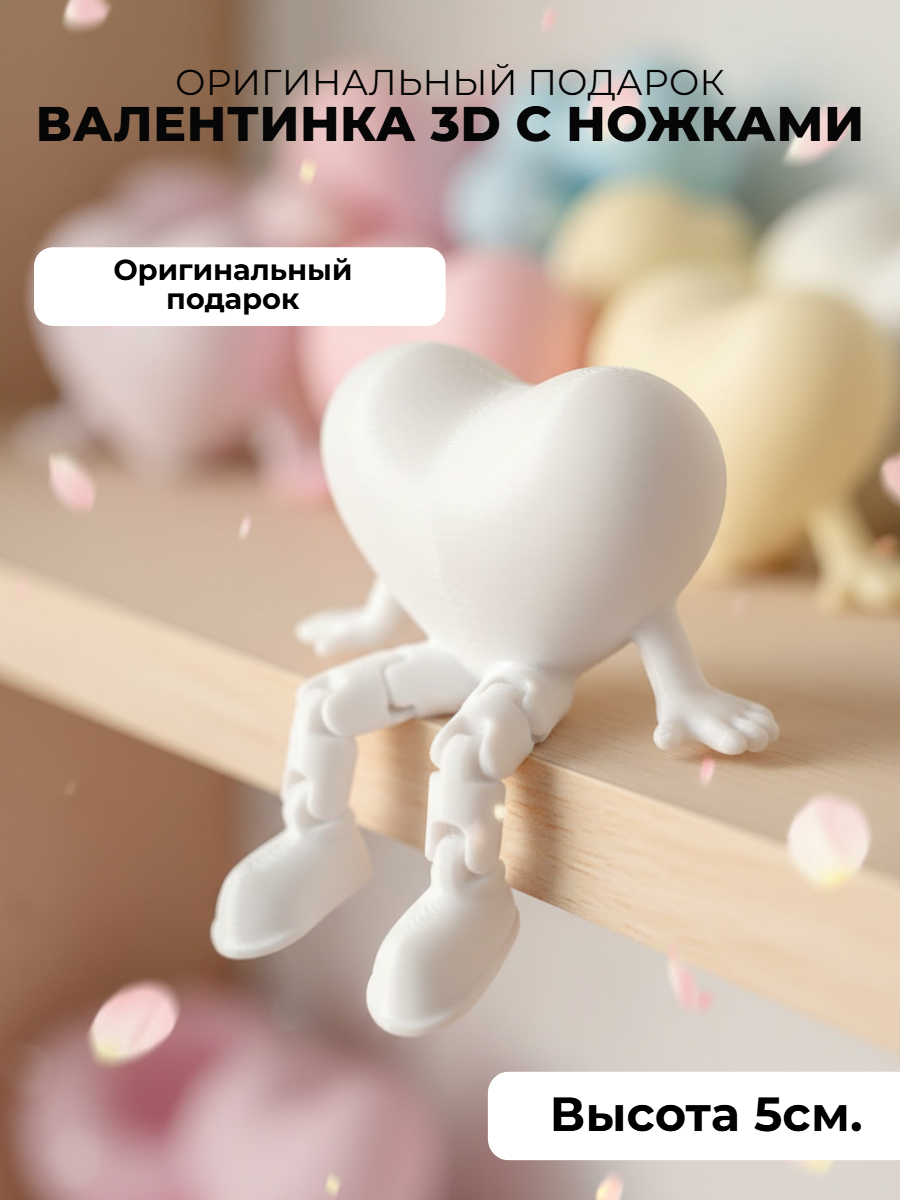 Фигурка "Белое сердце с подвижными ножками", 3D Валентинка, пластик, 5 см