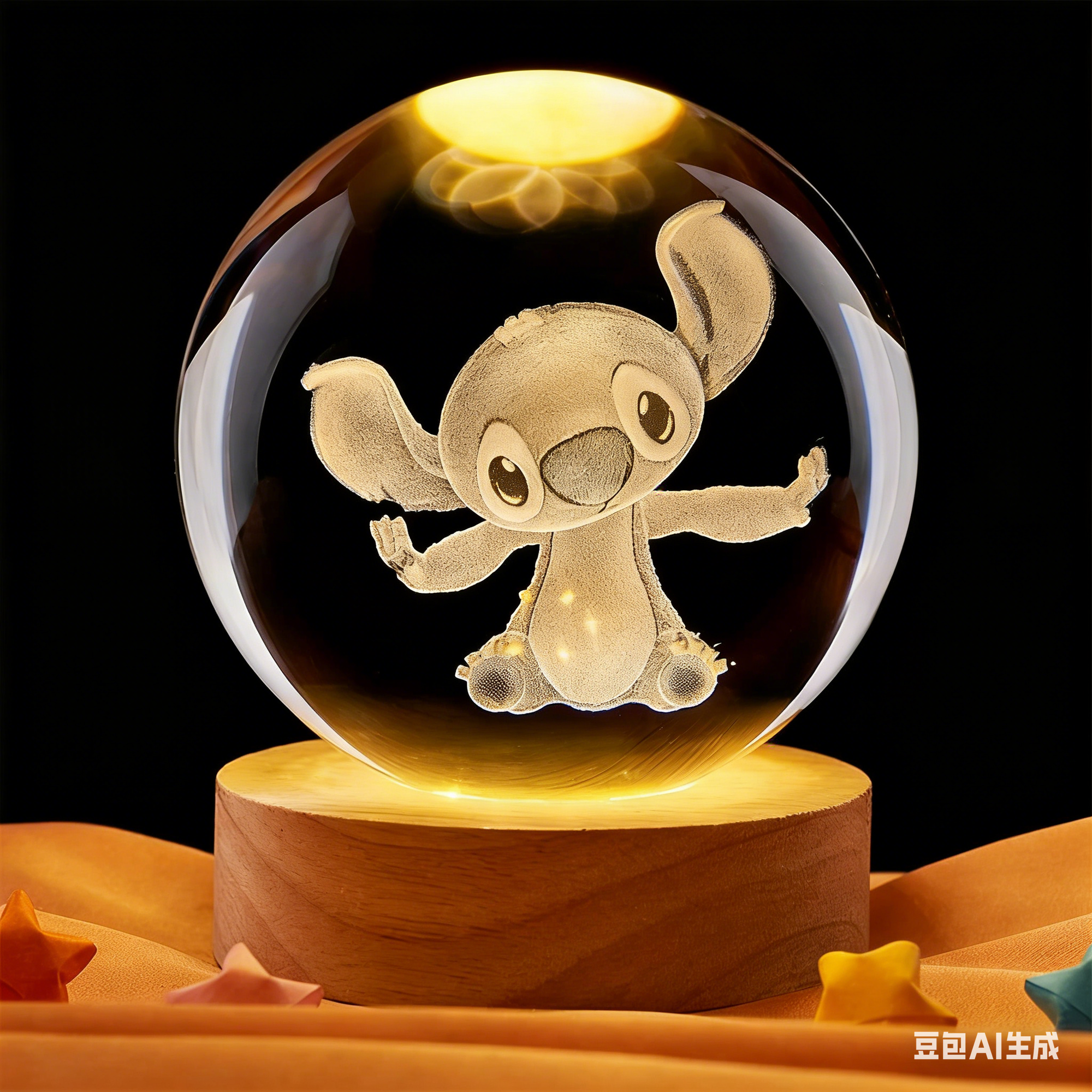 Ночной светильник-статуэтка «Стич» из хрусталя + Деревянная основа (6 см, тёплый свет) / Светящийся хрустальный шар