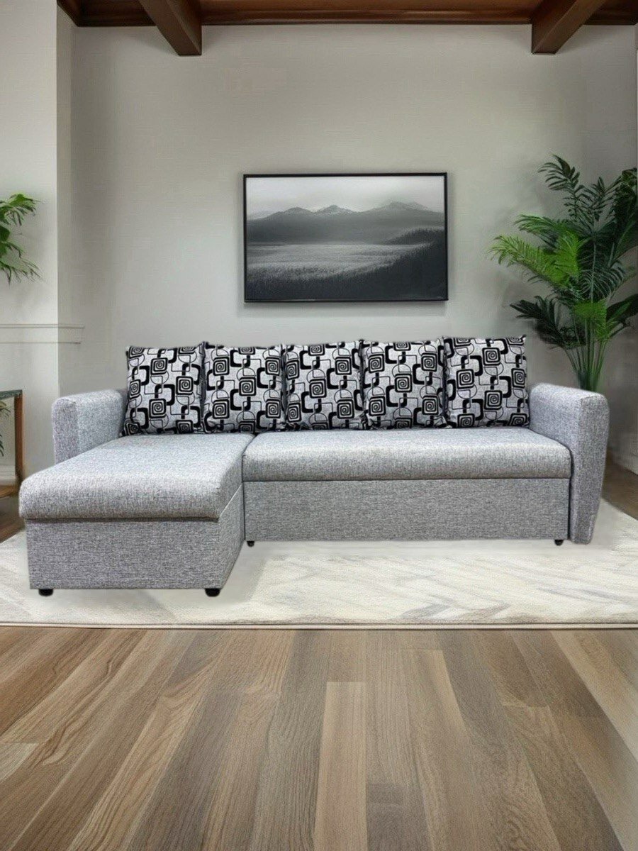 Угловой диван-кровать "Мартин" светло-серая рогожка / квадраты, угол левый