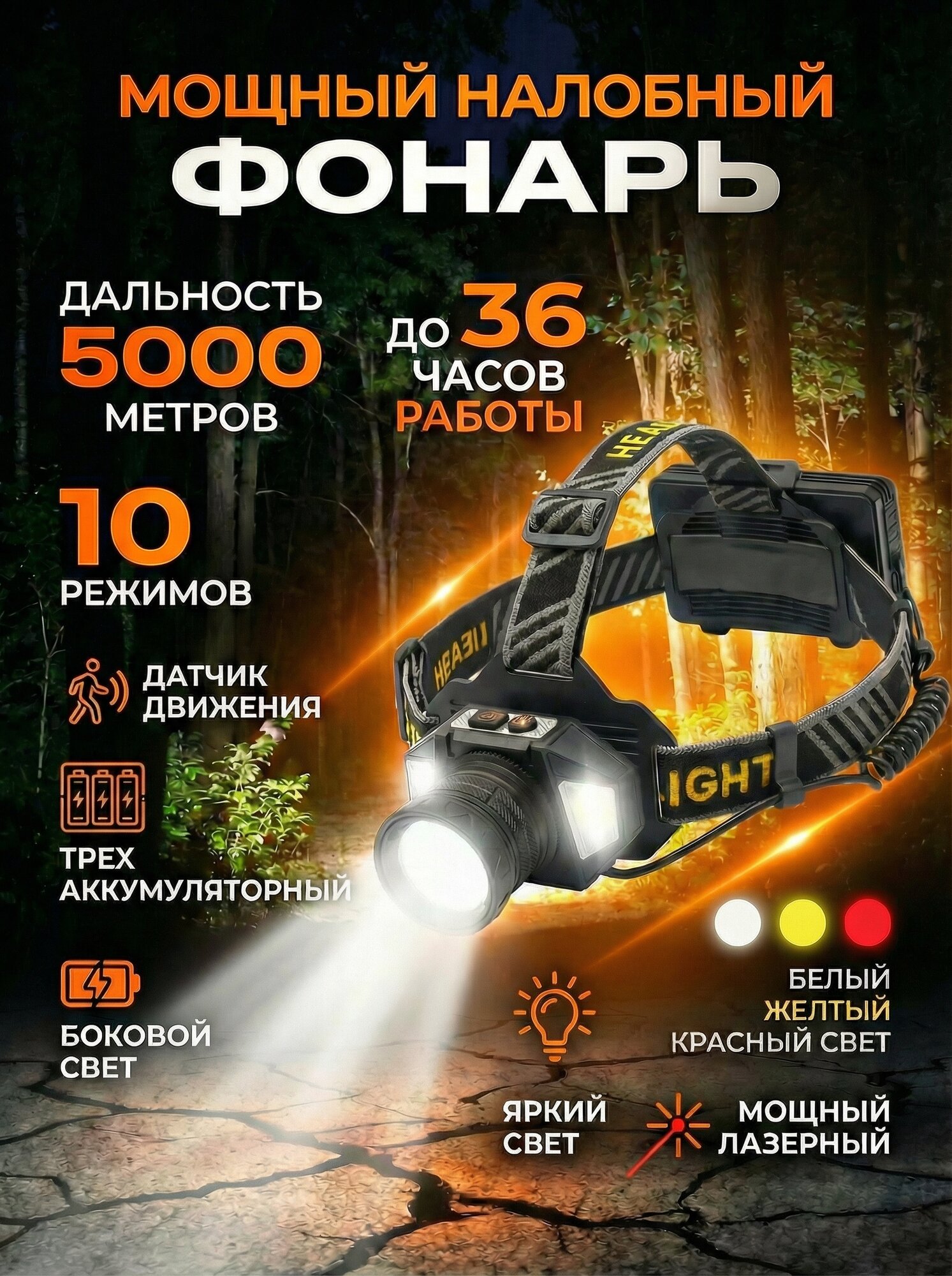 Фонарь налобный лазерный с боковым светом, трех аккумуляторный